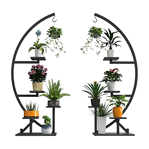 AISUNDY 5 Tier Metal Plant Stand Full Black, Indoor Metal Plant Shelf Stand Decorative Bonsai Flower Shelves Pot Holder, Multi-Purpose Curved Metal Display Rack for Garden, Patio, Balcony (Full Black)