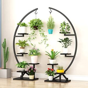 AISUNDY 5 Tier Metal Plant Stand Full Black, Indoor Metal Plant Shelf Stand Decorative Bonsai Flower Shelves Pot Holder, Multi-Purpose Curved Metal Display Rack for Garden, Patio, Balcony (Full Black)