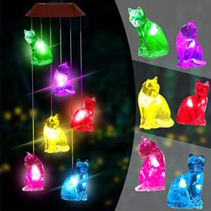 cat solar wind chimes light,solar cat wind chimes for outside,cat solar light gifts women birthday/thanksgiving/christmas,solar cat chimes garden decor