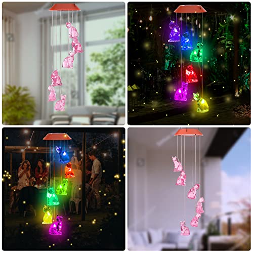 Cat Solar Wind Chimes Light,Solar Cat Wind Chimes for Outside,Cat Solar Light Gifts Women Birthday/Thanksgiving/Christmas,Solar Cat Chimes Garden Decor