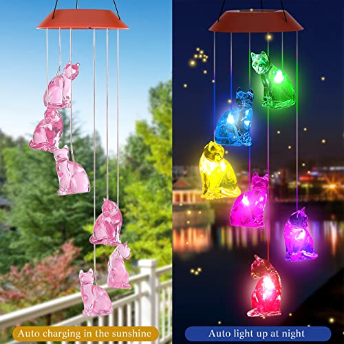 Cat Solar Wind Chimes Light,Solar Cat Wind Chimes for Outside,Cat Solar Light Gifts Women Birthday/Thanksgiving/Christmas,Solar Cat Chimes Garden Decor