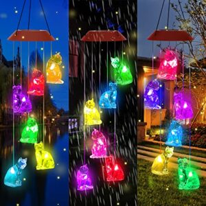 Cat Solar Wind Chimes Light,Solar Cat Wind Chimes for Outside,Cat Solar Light Gifts Women Birthday/Thanksgiving/Christmas,Solar Cat Chimes Garden Decor