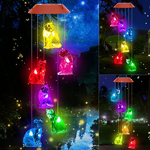 Cat Solar Wind Chimes Light,Solar Cat Wind Chimes for Outside,Cat Solar Light Gifts Women Birthday/Thanksgiving/Christmas,Solar Cat Chimes Garden Decor