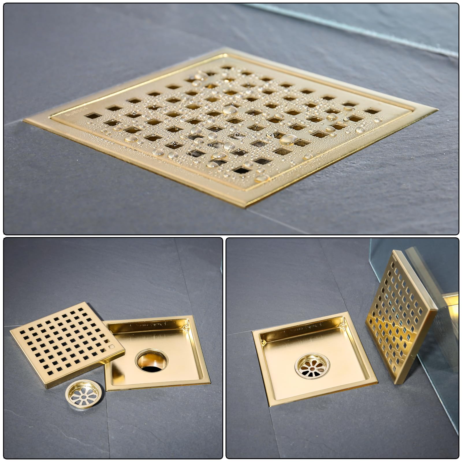 Swhyger 6 Inch Square Shower Floor Drain Brushed Brass with Flange,SUS304 Stainless Steel Gold Shower Drain Cover with Quadrato Pattern Grate Removable Hair Strainer,98738BG6-S.