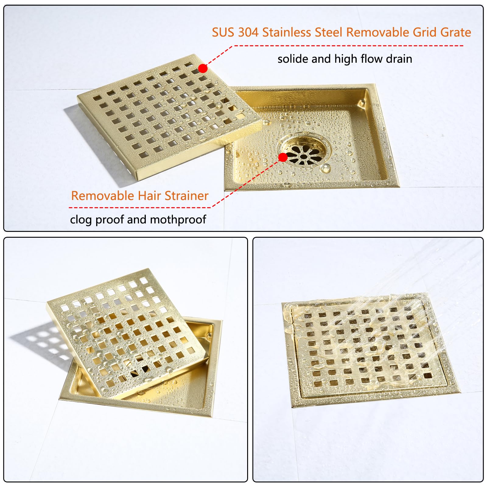 Swhyger 6 Inch Square Shower Floor Drain Brushed Brass with Flange,SUS304 Stainless Steel Gold Shower Drain Cover with Quadrato Pattern Grate Removable Hair Strainer,98738BG6-S.