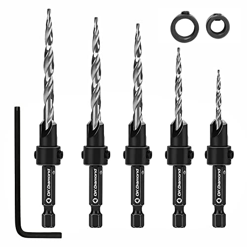 OKDIAMOND Wood Countersink Drill Bit Set Tapered Drill Bits with 1/4" Hex Shank Quick Change Twist Drill for Woodworking 5 Piece (#4, 6, 8, 10, 12) (5 Piece)