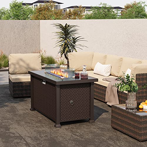 UPHA Patio Propane Gas Concrete Fire Pit Table, with Pit Cover, 50000 BTU Auto-Ignition Fire Table,White Beige