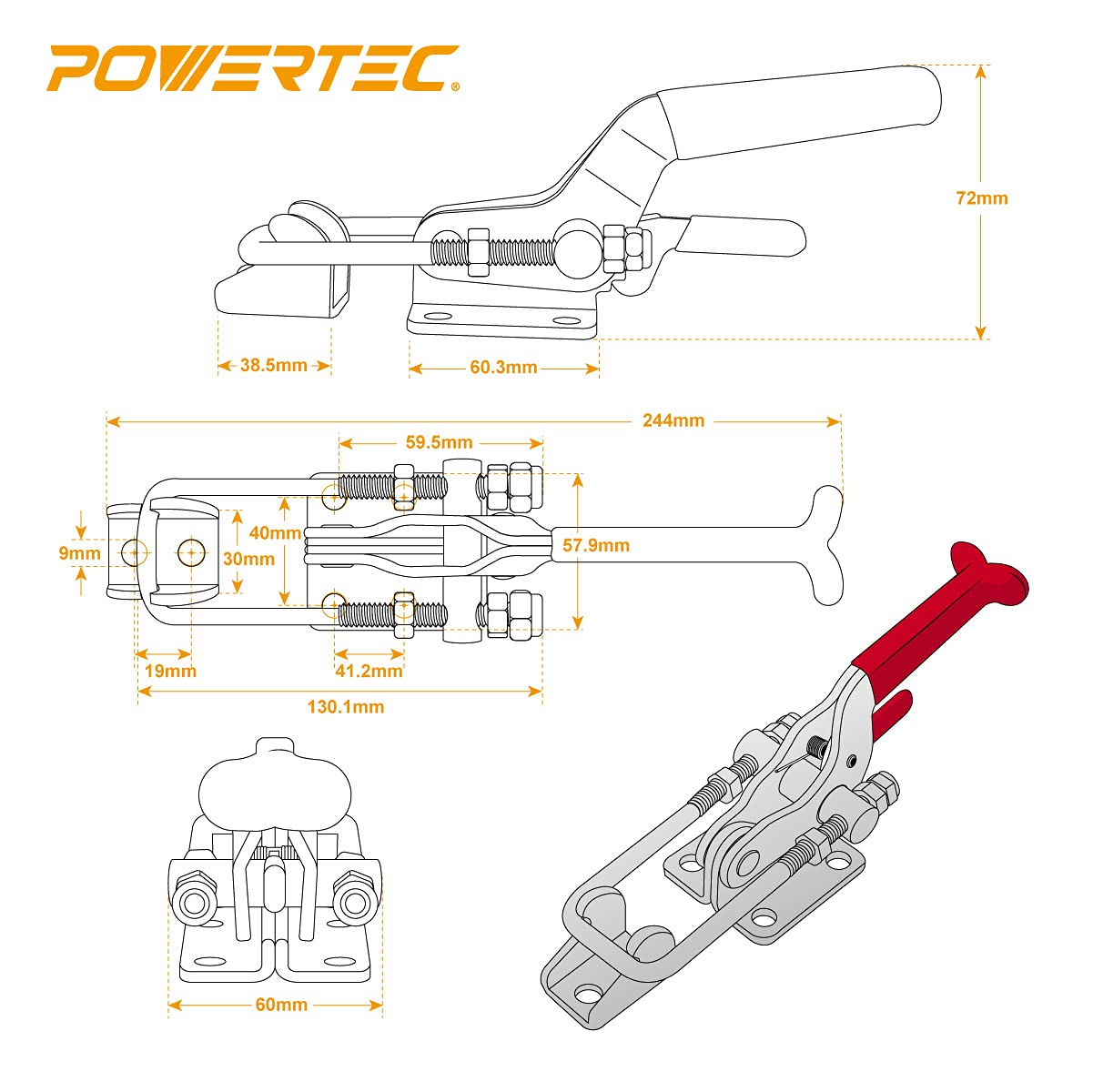 POWERTEC 2PK Toggle Clamp, 2000 lbs Holding Capacity, 40341 Self-Lock U-Bolt Adjustable Latch w/Antislip Hand Grip for Woodworking Jigs & Fixtures, Smoker, Tire Carrier, Tool Box, Cabinet (20340)