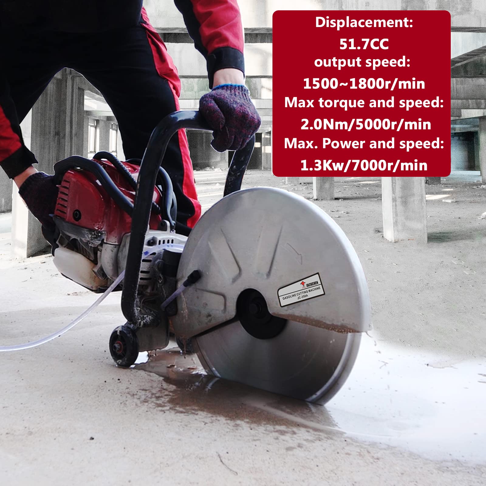 1300W Concrete Saw, JACKCHEN 14 in Gas Powered Cut Off Saw with EPA, 2 Stroke Gasoline Circular Saw, Ideal for Cutting Concrete, Stone