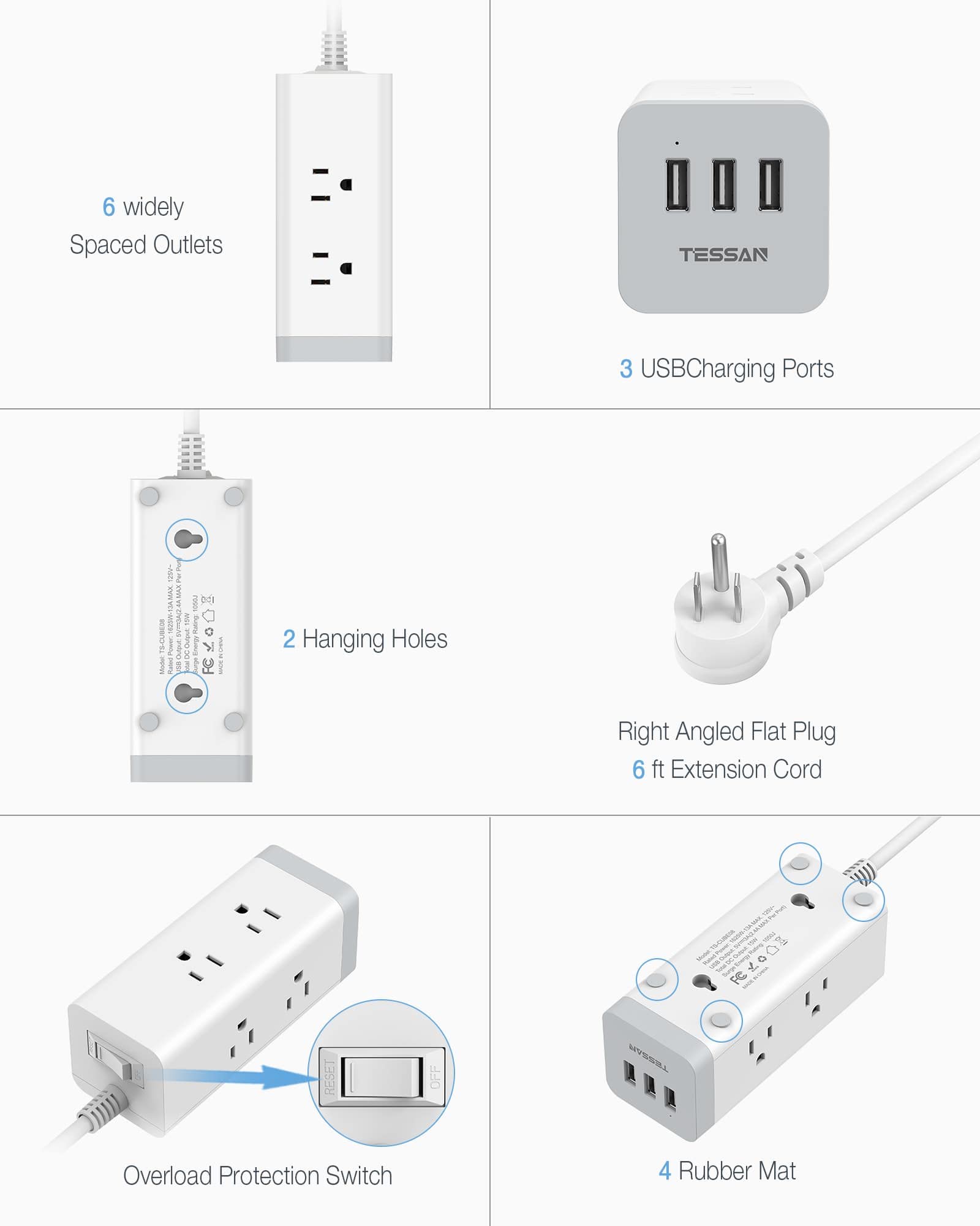 Surge Protector Extension Cord 6 Feet, TESSAN Flat Plug Power Strip with 6 Outlet and 3 USB Ports, 3 Prong Desk Charging Station for Home Office Supplies, Dorm Room Essentials, 13A/1625W, 1050J White