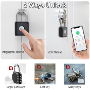 Fingerprint Padlock, Pothunder Padlock, Locker Lock, Combination Lock, Fingerprint Lock with APP Unlock, USB Rechargeable, Suitable for Gym Locker, Door, Locker(Black)