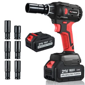 aoben 21v cordless impact wrench powerful brushless motor with 1/2" square driver, max 300 torque ft-lbs (400n.m),2x 4.0a li-ion, 6pcs impact sockets,fast charger and tool bag