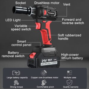 AOBEN 21V Cordless Impact Wrench Powerful Brushless Motor with 1/2" Square Driver, Max 300 Torque ft-lbs (400N.m),2X 4.0A Li-ion, 6Pcs Impact Sockets,Fast Charger and Tool Bag