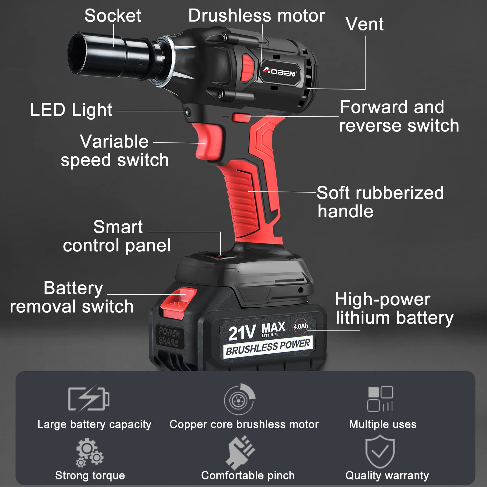 AOBEN 21V Cordless Impact Wrench Powerful Brushless Motor with 1/2" Square Driver, Max 300 Torque ft-lbs (400N.m),2X 4.0A Li-ion, 6Pcs Impact Sockets,Fast Charger and Tool Bag