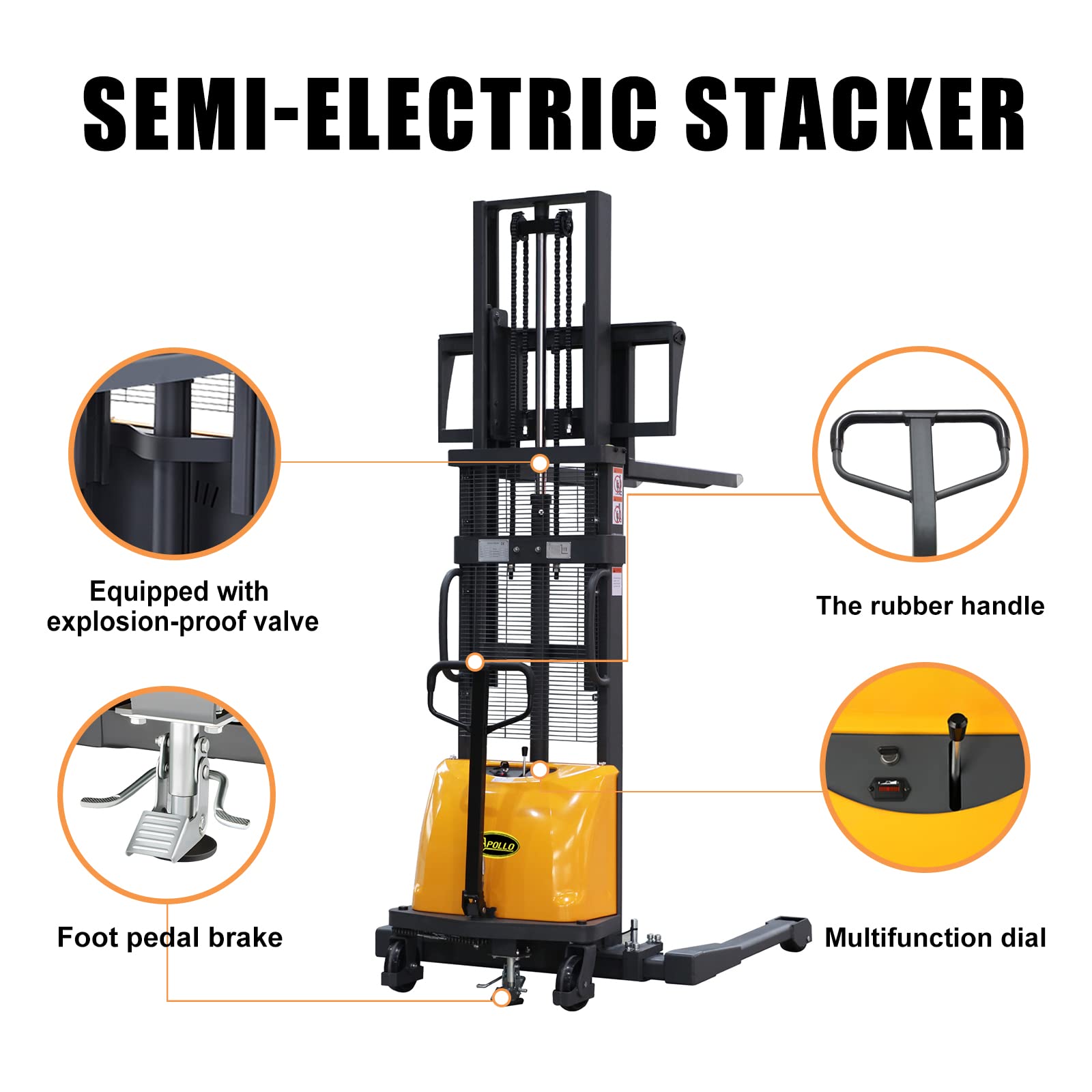 APOLLO Semi Electric Pallet Forklift Economy Hand Pallet Stacker Lift Jack with Straddle Legs 3300lbs Capactiy 118" Lifting Height