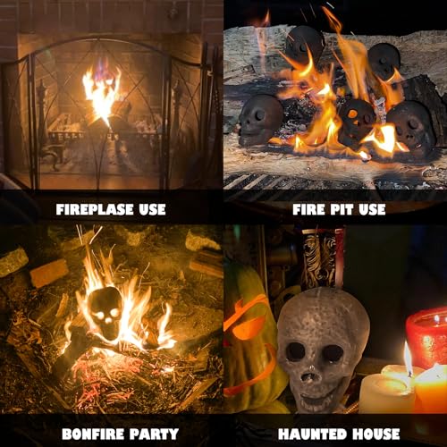 FANFX Ceramic Human Skull Fire Log Fireproof Skull logs for fire Pit,Fireplace, Gas, Halloween Horror Skull Decorations (6, Black)