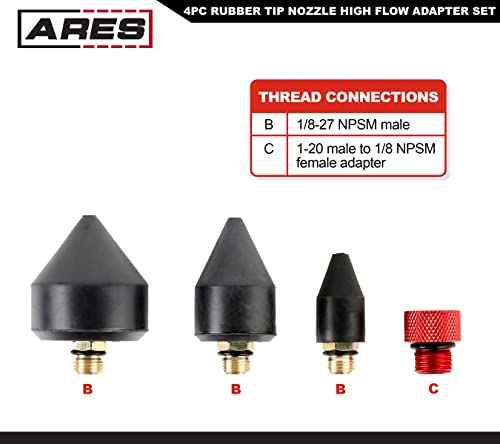 ARES 17005 – 4-Piece Rubber Tip Nozzle Accessory Set for Any Air Blow Gun – Includes 3 Rubber Tip Sizes and High Flow Adapter – Rubber Tips Protect Finished Surfaces During Use