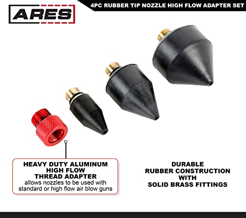 ARES 17005 – 4-Piece Rubber Tip Nozzle Accessory Set for Any Air Blow Gun – Includes 3 Rubber Tip Sizes and High Flow Adapter – Rubber Tips Protect Finished Surfaces During Use