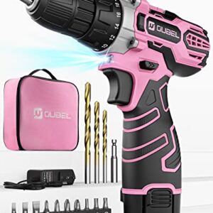 Pink Drill, OUBEL 12V Pink Cordless Drill Set, Pink Drill Set for Women, Power Drill, 2.0AH Battery, 18+1 Torque Setting, 3/8" Keyless Chuck, 2 Variable Speed, 15Pcs Driver/Drill Bits and Storage Bag