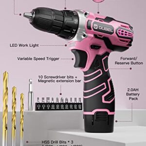 Pink Drill, OUBEL 12V Pink Cordless Drill Set, Pink Drill Set for Women, Power Drill, 2.0AH Battery, 18+1 Torque Setting, 3/8" Keyless Chuck, 2 Variable Speed, 15Pcs Driver/Drill Bits and Storage Bag