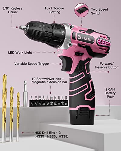 Pink Drill, OUBEL 12V Pink Cordless Drill Set, Pink Drill Set for Women, Power Drill, 2.0AH Battery, 18+1 Torque Setting, 3/8" Keyless Chuck, 2 Variable Speed, 15Pcs Driver/Drill Bits and Storage Bag