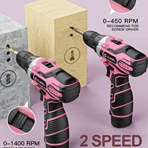 Pink Drill, OUBEL 12V Pink Cordless Drill Set, Pink Drill Set for Women, Power Drill, 2.0AH Battery, 18+1 Torque Setting, 3/8" Keyless Chuck, 2 Variable Speed, 15Pcs Driver/Drill Bits and Storage Bag