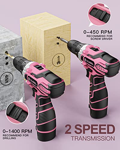 Pink Drill, OUBEL 12V Pink Cordless Drill Set, Pink Drill Set for Women, Power Drill, 2.0AH Battery, 18+1 Torque Setting, 3/8" Keyless Chuck, 2 Variable Speed, 15Pcs Driver/Drill Bits and Storage Bag