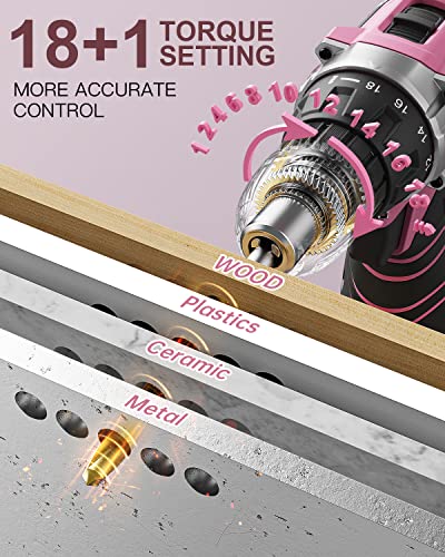 Pink Drill, OUBEL 12V Pink Cordless Drill Set, Pink Drill Set for Women, Power Drill, 2.0AH Battery, 18+1 Torque Setting, 3/8" Keyless Chuck, 2 Variable Speed, 15Pcs Driver/Drill Bits and Storage Bag