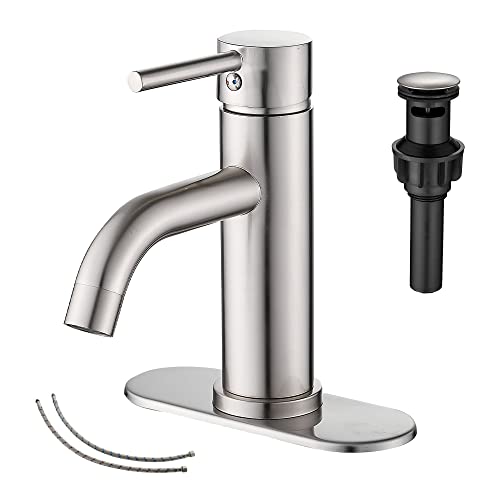 Brushed Nickel Bathroom Faucet GGStudy Single Handle One Hole Bathroom Sink Faucet Matching Pop Up Drain with Overflow Bathroom Vantity Faucet