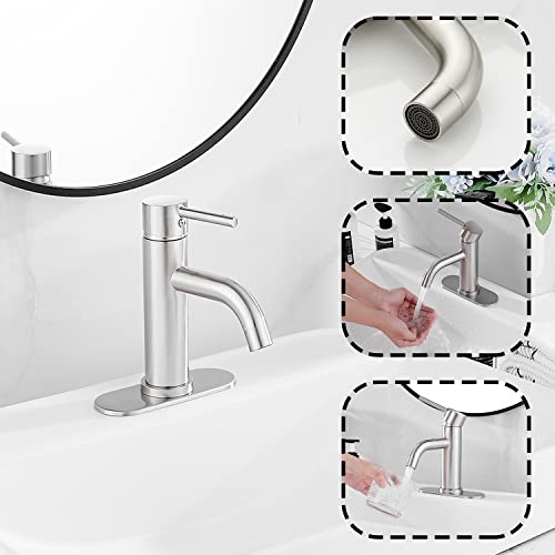 Brushed Nickel Bathroom Faucet GGStudy Single Handle One Hole Bathroom Sink Faucet Matching Pop Up Drain with Overflow Bathroom Vantity Faucet