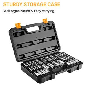 DEKOPRO 32 Pieces Hex Bit Socket Set, 1/4'', 3/8', 1/2'' Drive Socket Set, SAE and Metric, S2 & Cr-V Steel