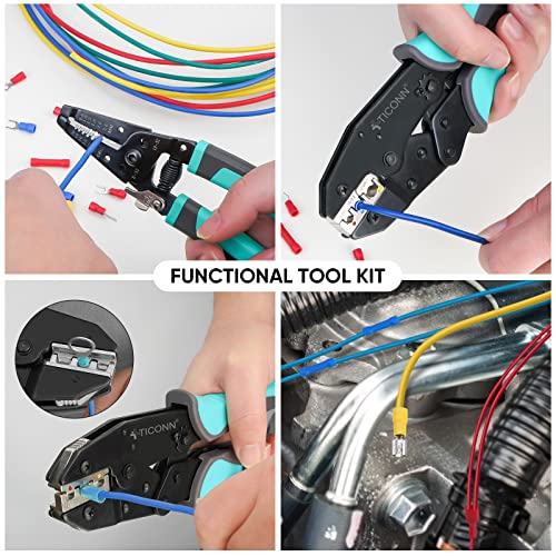 TICONN Crimping Tool for Heat Shrink Connectors - Ratcheting Wire Crimper - Crimping Pliers - Ratchet Terminal Crimper - Wire Crimp Tool (Combo Kit)