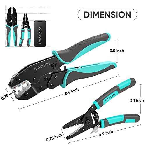 TICONN Crimping Tool for Heat Shrink Connectors - Ratcheting Wire Crimper - Crimping Pliers - Ratchet Terminal Crimper - Wire Crimp Tool (Combo Kit)