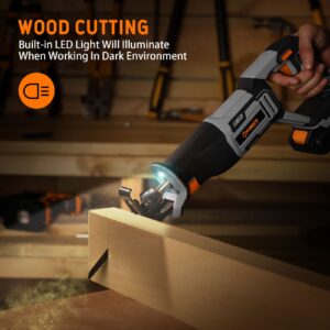 WORKSITE Reciprocating Saw, 20V Cordless Reciprocating Saw w/2.0Ah Battery & Charger, 0-3000 SPM Variable Speed Trigger, 6 Saw Blades for Wood/Metal/PVC Pipe Cutting