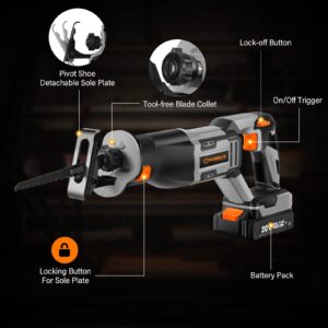 WORKSITE Reciprocating Saw, 20V Cordless Reciprocating Saw w/2.0Ah Battery & Charger, 0-3000 SPM Variable Speed Trigger, 6 Saw Blades for Wood/Metal/PVC Pipe Cutting