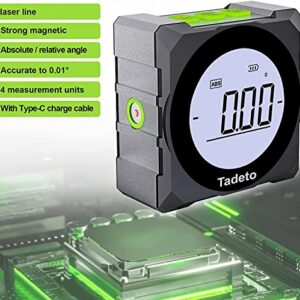 Digital Angle Finder, Tadeto Digital Level Inclinometer Protractor Laser Level 3 in 1 Magnetic IP54 Waterproof Angle Gauge with Large LCD Screen Backlight Type-C Fast Charging