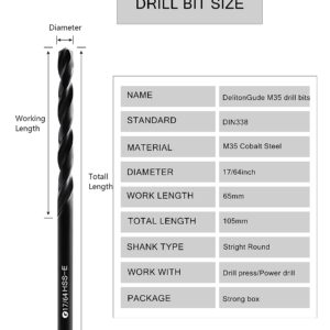 DelitonGude 17/64"inch HSS M35 Cobalt Twist Drill Bit,High Speed Steel,Pack of 5,Suitable for Steels,Cast Iron,Stainless Steel,Copper and Other Hard Metals（17/64inch）