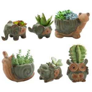 okllen 6 pack mini owl elephant succulent pot with drainage hole, cute animal ceramic succulent planter set, vintage cactus plant pot for bonsai, small flower pot, home decor, garden, indoor, outdoor