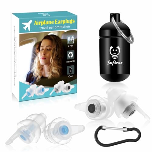 Softvox Airplane Ear Plugs Pressure Relief Earplugs [2 Pairs], Airplane Travel Essentials 100x Reusable Super Soft Plane Ear Plugs Prevent Ear Pain & Reduce Noise for Adult/Kids with Small Ear Canals