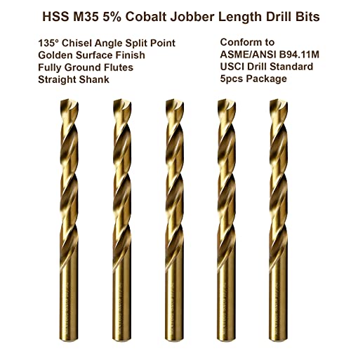 MAXTOOL No.2 5pcs Identical Jobber Length Drills Dia 0.221" HSS M35 Cobalt Twist Drill Bits Wire Gauge Numbered Golden Straight Drills; JBN35G10R02P5