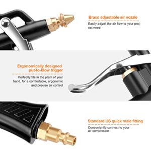 High Volume Air Blow Gun with Brass Adjustable Air Nozzle, Premium Air Blower Gun with 2 Pcs Steel Air Flow Extensions and Universal Blow Hose, Air Compressor Accessory Tool Air Gun