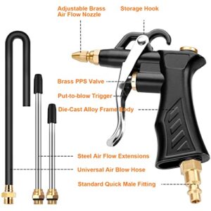 High Volume Air Blow Gun with Brass Adjustable Air Nozzle, Premium Air Blower Gun with 2 Pcs Steel Air Flow Extensions and Universal Blow Hose, Air Compressor Accessory Tool Air Gun