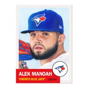 2021 topps mlb the living set #432 alek manoah rc rookie toronto blue jays official online exclusive baseball card with limited print run and red facsimile signature on back (stock photo used), card is straight from topps and in near mint to mint conditio