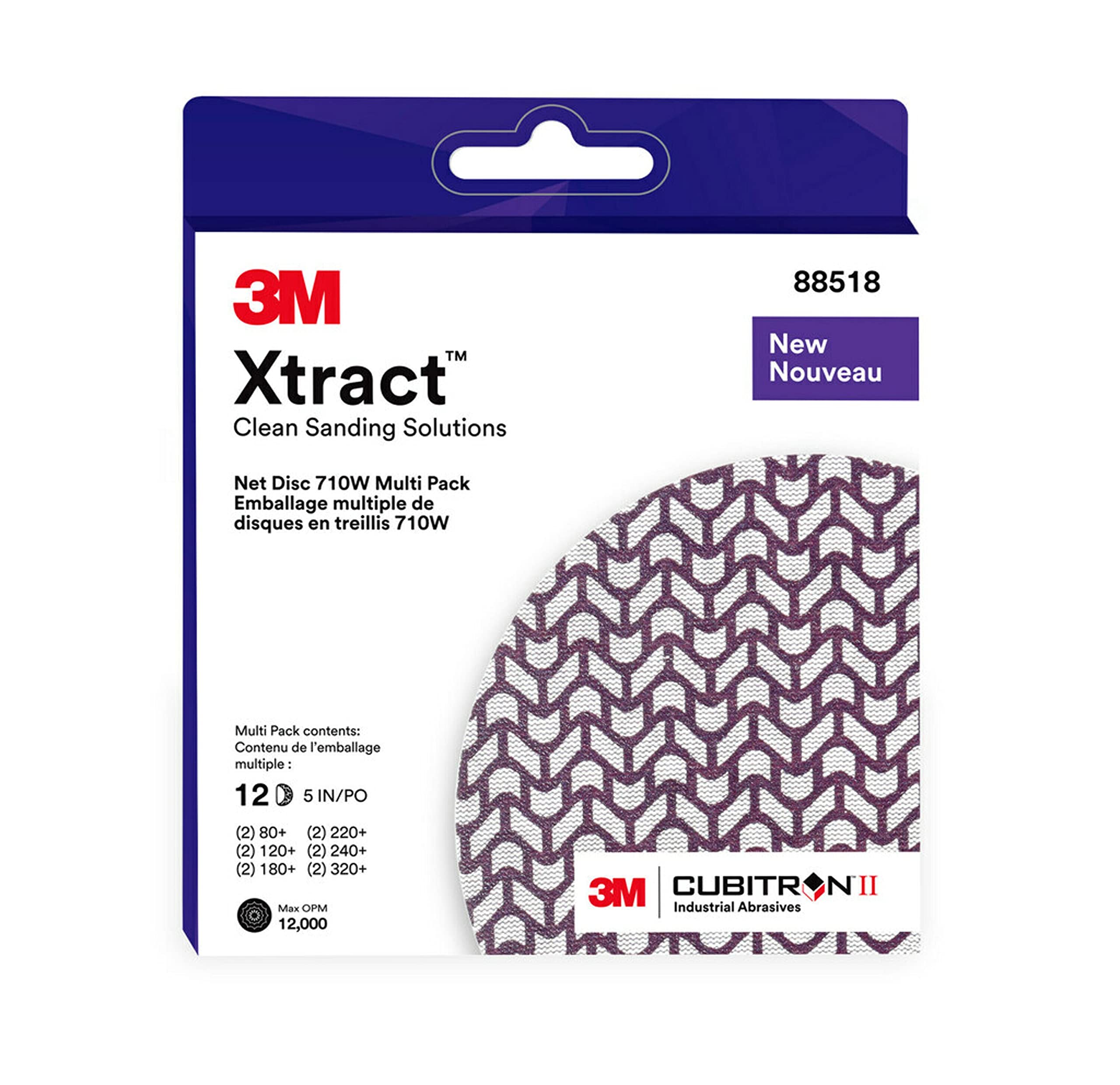 3M Xtract Net Disc 710W, 5 in, 12 Piece Multi-Pack Hook and Loop Sanding Discs, 80+, 120+, 180+, 220+, 240+, 320+, Virtually Dust-Free, Assorted Grades, 88518