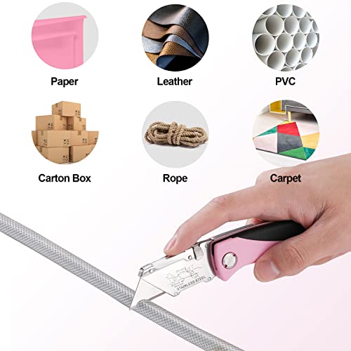 WORKPRO Folding Utility Knife, Quick Change Box Cutter, Pink Razor Knife for Cartons, Cardboard, Boxes with Blade Storage Design, Extra 15 Blades Included - Pink Ribbon