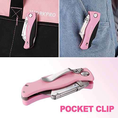 WORKPRO Folding Utility Knife, Quick Change Box Cutter, Pink Razor Knife for Cartons, Cardboard, Boxes with Blade Storage Design, Extra 15 Blades Included - Pink Ribbon