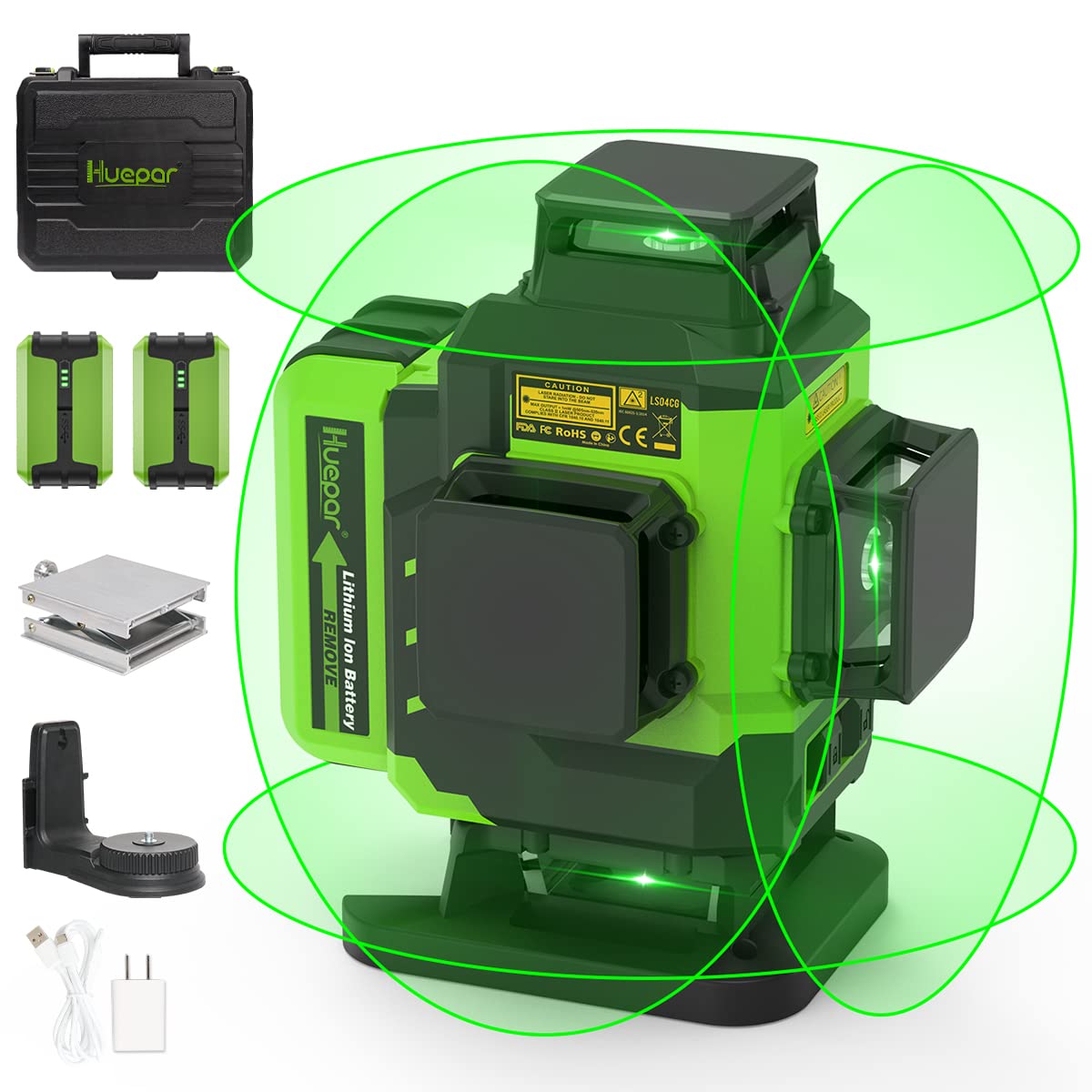 Huepar 4x360 Laser Level Self-leveling 16 Lines Green Beam 4D Cross Line Tiling Floor Tool-2 x 360 Horizontal & 2 x 360 Vertical Laser Lines with Two Li-ion Batteries and Hard Carry Case-LS04CG