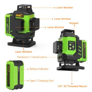 Huepar 4x360 Laser Level Self-leveling 16 Lines Green Beam 4D Cross Line Tiling Floor Tool-2 x 360 Horizontal & 2 x 360 Vertical Laser Lines with Two Li-ion Batteries and Hard Carry Case-LS04CG