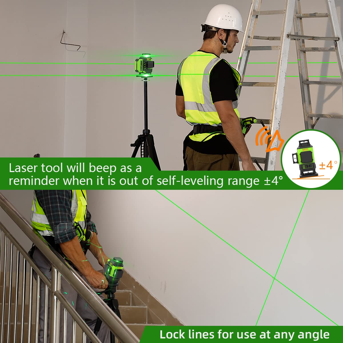 Huepar 4x360 Laser Level Self-leveling 16 Lines Green Beam 4D Cross Line Tiling Floor Tool-2 x 360 Horizontal & 2 x 360 Vertical Laser Lines with Two Li-ion Batteries and Hard Carry Case-LS04CG