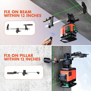 DOVOH Laser Level Easy Setup without Magnet: 3x360 Self Leveling High Accuracy Green 3D Laser Level 12 Lines with Bar Clamp for Beam for Construction Tiling with Remote Control, KF3-FC01